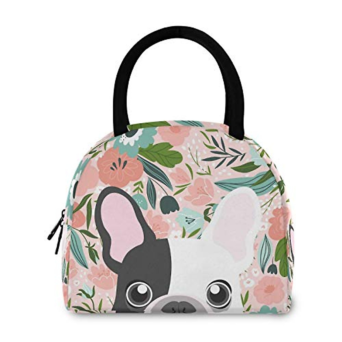 YiGee French Bulldog Floral Dog Lunch Bag Tote Bag, Insulated Organizer Zippered Lunch Box Lunchbox Lunch Container Handbag for Women Men Home Office Picnic Beach Use