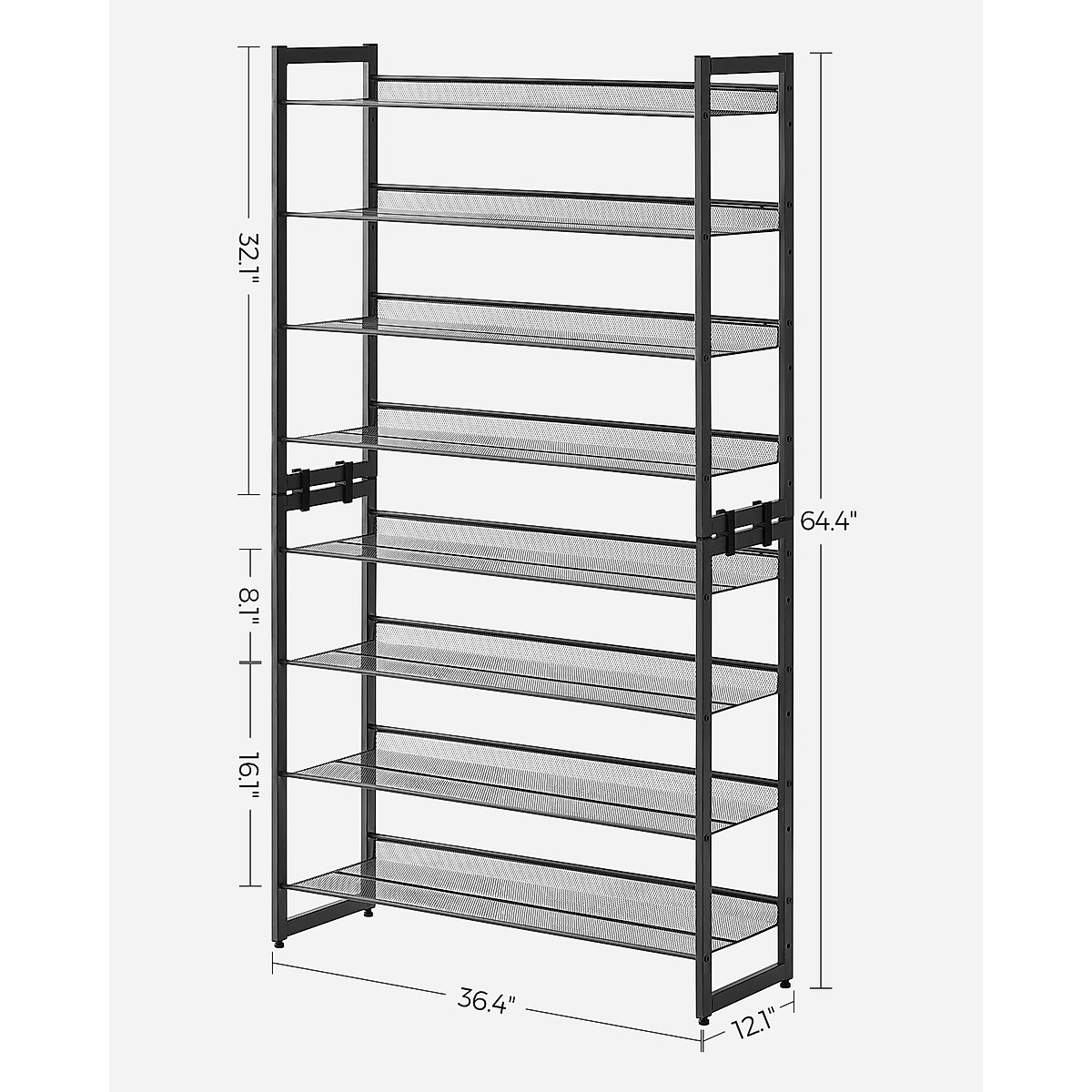 SONGMICS Shoe Rack, 8-Tier Shoe Organizer, Metal Shoe Storage for Garage, Entryway, Set of 2 4-Tier Stackable Shoe Shelf, with Adjustable Flat or Angled Shelves, Holds 32-40 Pairs, Black