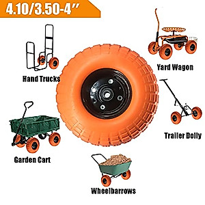 4.10/3.50-4 tire and Wheel Flat Free,10" Solid Tire Wheel with 5/8" Bearings,2.1" Offset Hub,for Gorilla Cart,Garden Carts,Dolly,Trolley,Dump Cart,Hand Truck/Wheelbarrow/Garden Wagon (2 Pack-Orange)