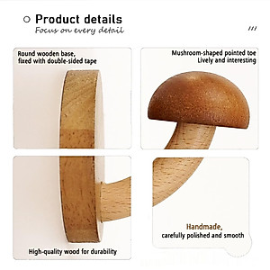 Auntzyj Fun Wooden Mushroom Coat Hook, Non-Perforated Solid Wood Hook, Kitchen Bathroom Cloakroom Door Hook (Red,4 pcs)