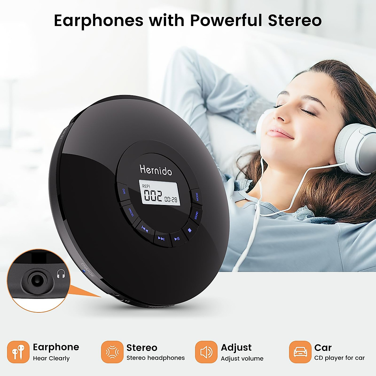 Portable CD Player with Headphone, Hernido Rechargeable CD Player for car, Compact CD Walkman with 5 EQ Sounds, AUX Output, Anti-Skip, CD Player for Home & Travel Discman Kpop Player