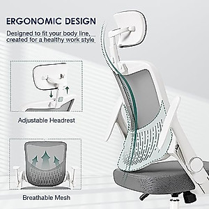 Furmax Office Chair Mesh Desk Chair Ergonomic Chair with Adjustable Headrest and Flip-up Armrests, Swivel Computer Chair with Comfortable Back and Lumbar Suport (Grey)
