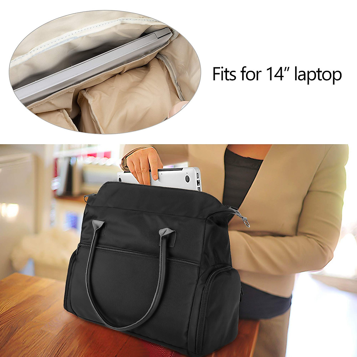 Teamoy Breast Pump Bag, Leather Straps Pump Bag Tote with Laptop Sleeve for Working Moms- Fits Most Brands Breast Pumps and Cooler Bag, Black (PU Handle)