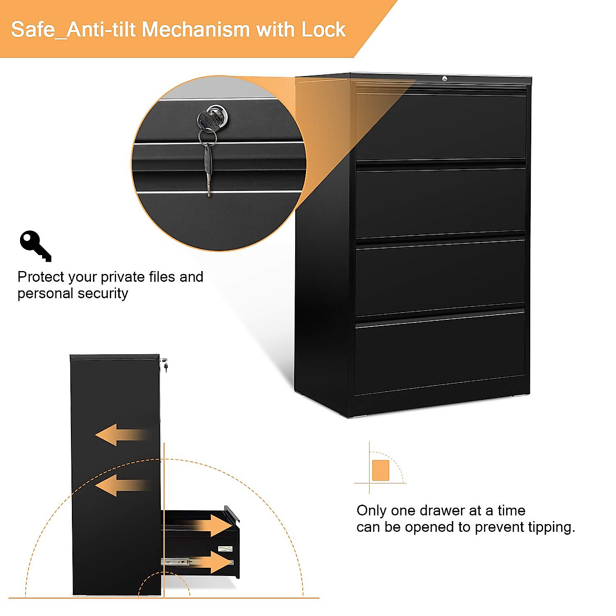 4 Drawers lateral File Cabinet for Legal/Letter Size with Anti-tilt Design,Black Metal Steel File Cabinet with Lock and Easily and Fast Assemble for Home and Office use (Black)…