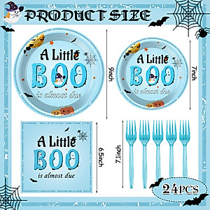 Havawish 96 Pcs Little Boo Is Almost Due Decorations Halloween Baby Shower Tableware Party Supplies Ghost Paper Plates Napkins Forks Set for Halloween Themed Baby Shower Party Favor (Blue,Classic)