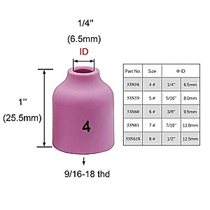 TIG Gas Lens Alumina Nozzle Ceramic Cup 53N58 4# 1/4" For SR WP- 9/20 & SR WP-17/18/26 TIG Welding Torch 10pk (Full Size 10pcs)