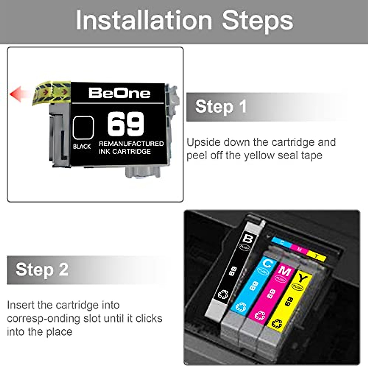 BeOne T69 Ink Cartridges Remanufactured Replacement for Epson 69 T069 5-Pack to Use with Stylus NX100 NX110 NX215 NX300 NX400 NX415 NX510 NX515 Workforce 30 40 310 500 600 610 615 (2BK 1C 1M 1Y)