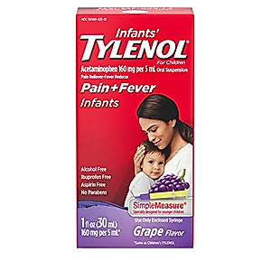 Tylenol Infants Oral Suspension Liquid Medicine with Acetaminophen, Baby Fever Reducer & Pain Reliever for Minor Aches & Pains, Sore Throat, Headache & Toothache, Grape Flavor, 1 fl. oz