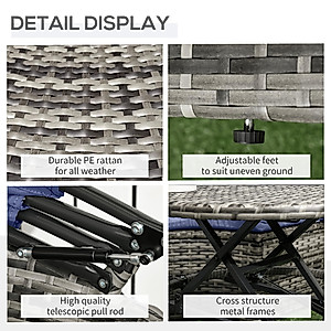 Outsunny 4 Piece Round Rattan Daybed, Convertible Patio Furniture Set, Adjustable Sun Canopy, Sectional Outdoor Sofa, 2 Chairs, Extending Tea Table Ottoman Chair, 3 Pillows, Dark Blue