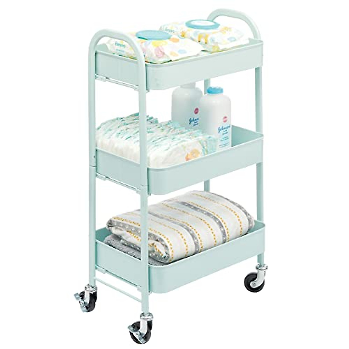 mDesign Metal 3-Tier Rolling Utility Storage Carts - Organizer Trolley for Bathroom, Kitchen, Laundry, Office, and Kids Rooms - Heavy Duty Caddy with 4 Caster Wheels - Mint Green