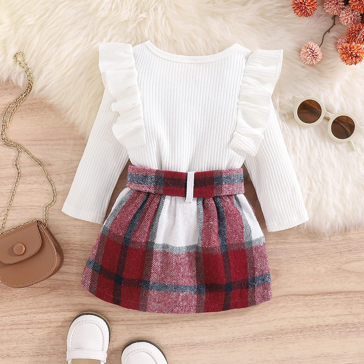 Noubeau Toddler Baby Girls Plaid Outfits Knit Ribbed Sweatshirt Shirt Tops Red Plaid Belt Skirt Fall Winter Clothes (White, 12-18 Months)