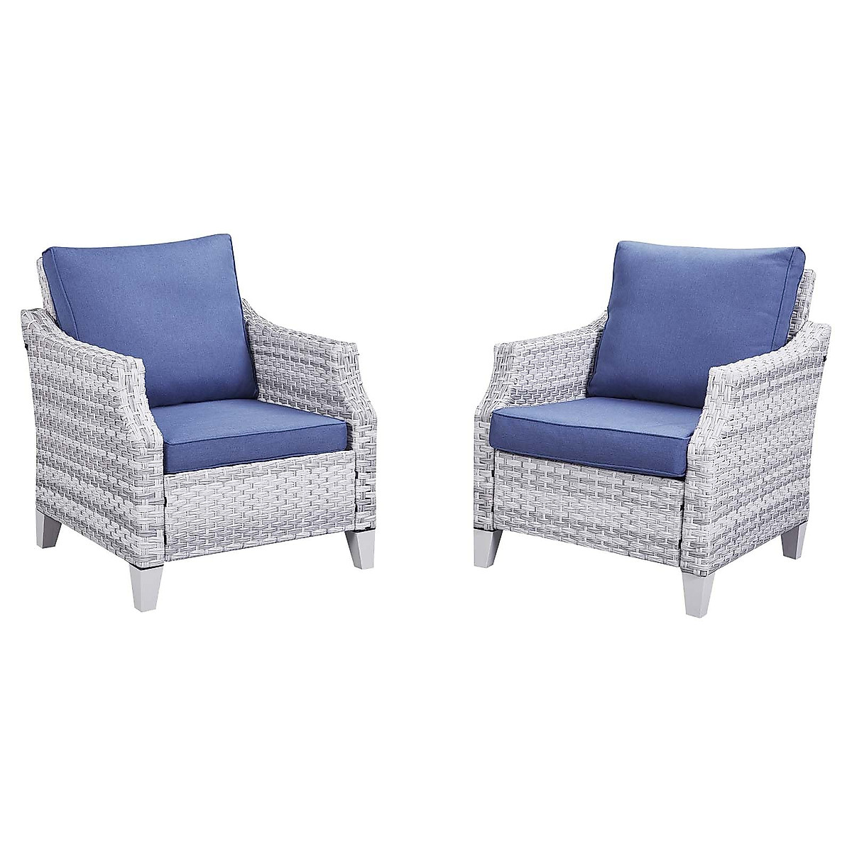 HUMMUH Outdoor Wicker Chairs Patio Dining Chairs Set of 2 PE Wicker Patio Chairs with High Back and Deep Seat, 4 inch Seat Cushions for Garden Porch Backyard (Mixed Grey/Blue)