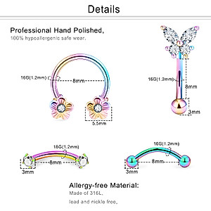 Dyknasz 18Pcs 16G Dragon Claw Horseshoe Daith Earrings for Women Men Rook Helix Piercing Jewelry Stainless Steel Curved Barbell Eyebrow Rings Flower Butterfly Moon CZ Style Rainbow