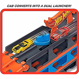 Hot Wheels Speedway Hauler Storage Carrier with 3 1:64 Scale Cars & Convertible 6-Foot Drag Race Track for Kids 4 to 8 Years Old, Stores 20+ Cars, HGH33