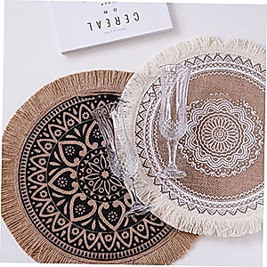 DECHOUS 1pc Jute Placemats Glass Coasters for Drinks Natural Home Decor Office Desk Decorations Mandala Dinking Coasters Round Cup Mat Pad Dining Table Placemat Household Place Mat Linen