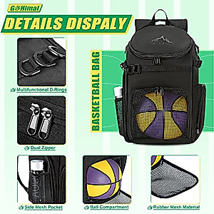 GoHimal Basketball Backpack, Large Sports Bag With Ball Compartment for Men and Women, Basketball, Soccer, Volleyball, Rugby(Black)