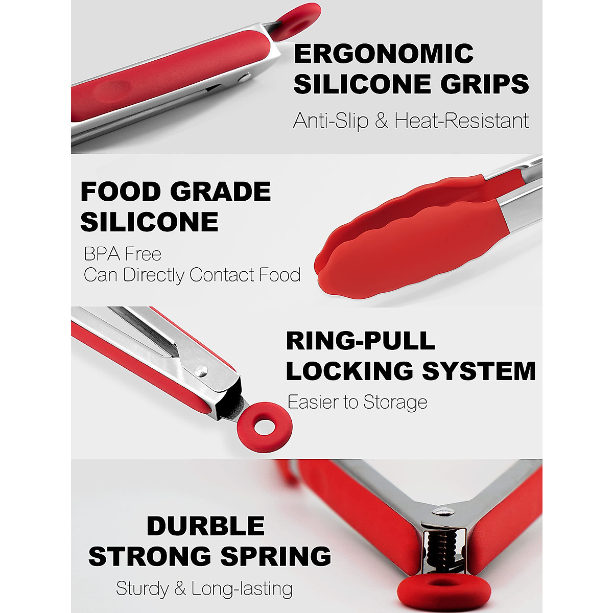 Anaeat Non-Stick Silicone Locking Tong Set of 3 - Stainless Steel 7", 9" and 12" Kitchen Food Tongs with Non-Slip Silicone Tips and Grip for Cooking, Baking and BBQ - Heat Resistant up to 480°F