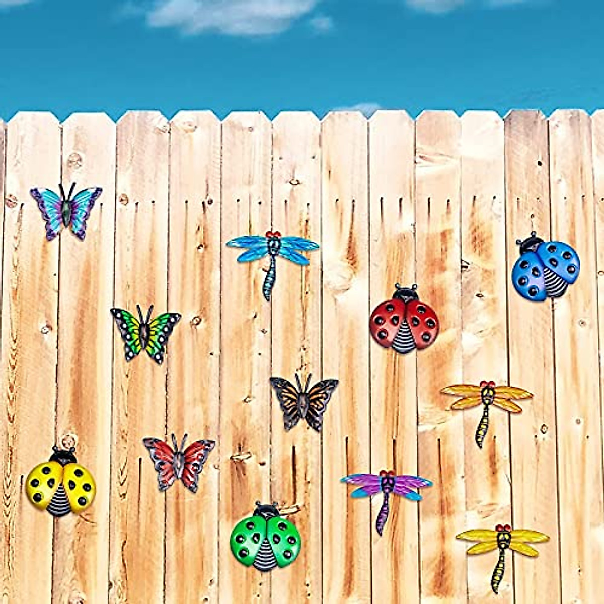 foxany Metal Butterfly Wall Decor, 4 Butterflies and 4 Dragonfly, 4 Ladybugs Wall Decor Sculpture, Hanging Outdoor Garden Fence Art for Patio, Backyard, Home, Farmhouse, Set of 12