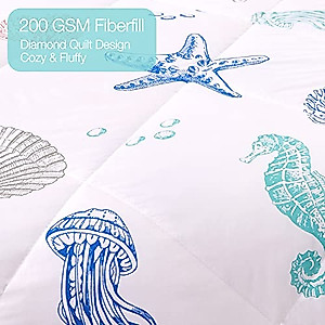 JSD Beach Theme 2 Piece Twin Kids Comforter Set, Jellyfish Starfish Shell Printed Comforter with Pillow Sham, Soft Comfortable Machine Washable