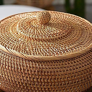 Round Rattan Boxes with Lid Hand-Woven Multi-Purpose Wicker Tray 8.6Inch Picnic Food Bread Table Storage Basket (22x13cm)