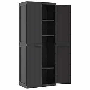 vidaXL Outdoor Storage Cabinet Black PP 25.6"x14.6"x65" - Weather-Resistant Utility Cupboard with Adjustable Shelves and Lockable Doors for Garden, Patio, and Balcony