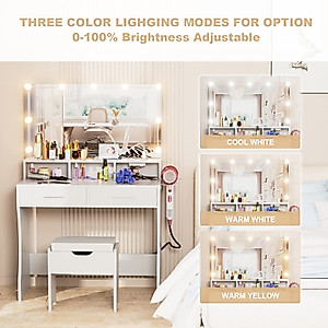 Vabches Makeup Vanity with Lighted Mirror & Outlet Charging Station, White Vanity Set Makeup Table, 3 Lighting Colors, Brightness Adjustable, 31.5in(W)