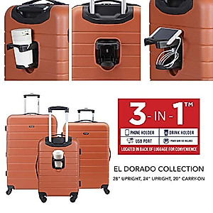 Wrangler Smart Luggage Set with Cup Holder and USB Port, Burnt Orange, 20inch,24inch,28inch