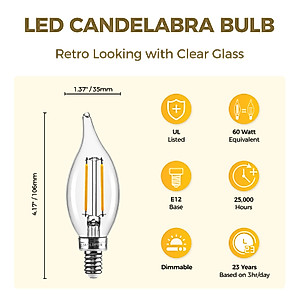 Hizashi E12 Candelabra Bulb 60 watt Equivalent, 2700K Soft Warm White, Dimmable Chandelier Light Bulbs, 90+ CRI 6W 550LM, CA11 Flame Tip E12 LED Candle Bulb, UL Listed,12 Pack