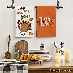 Artoid Mode Turkey Gobble Thanksgiving Kitchen Towels Dish Towels, 18x26 Inch Pumpkin Happy Harvest Decoration Hand Towels Set of 4