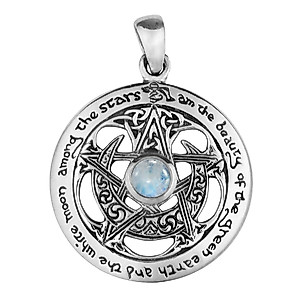 Dryad Design Wiccan Pentacle Pendant - Lunar Goddess Pendant .925 Sterling Silver Rainbow Moonstone Protection Amulet - Pagan Moon Jewelry