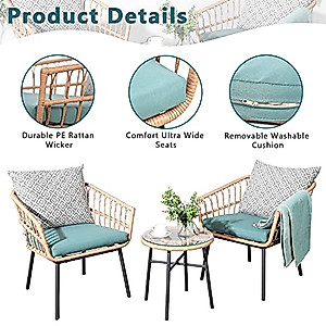 wOod-it 3 Piece Patio Furniture Outdoor Conversation Bistro Set with Tempered Coffee Table and Wicker Chairs for Garden Balcony Backyard Yard Poolside (Green)