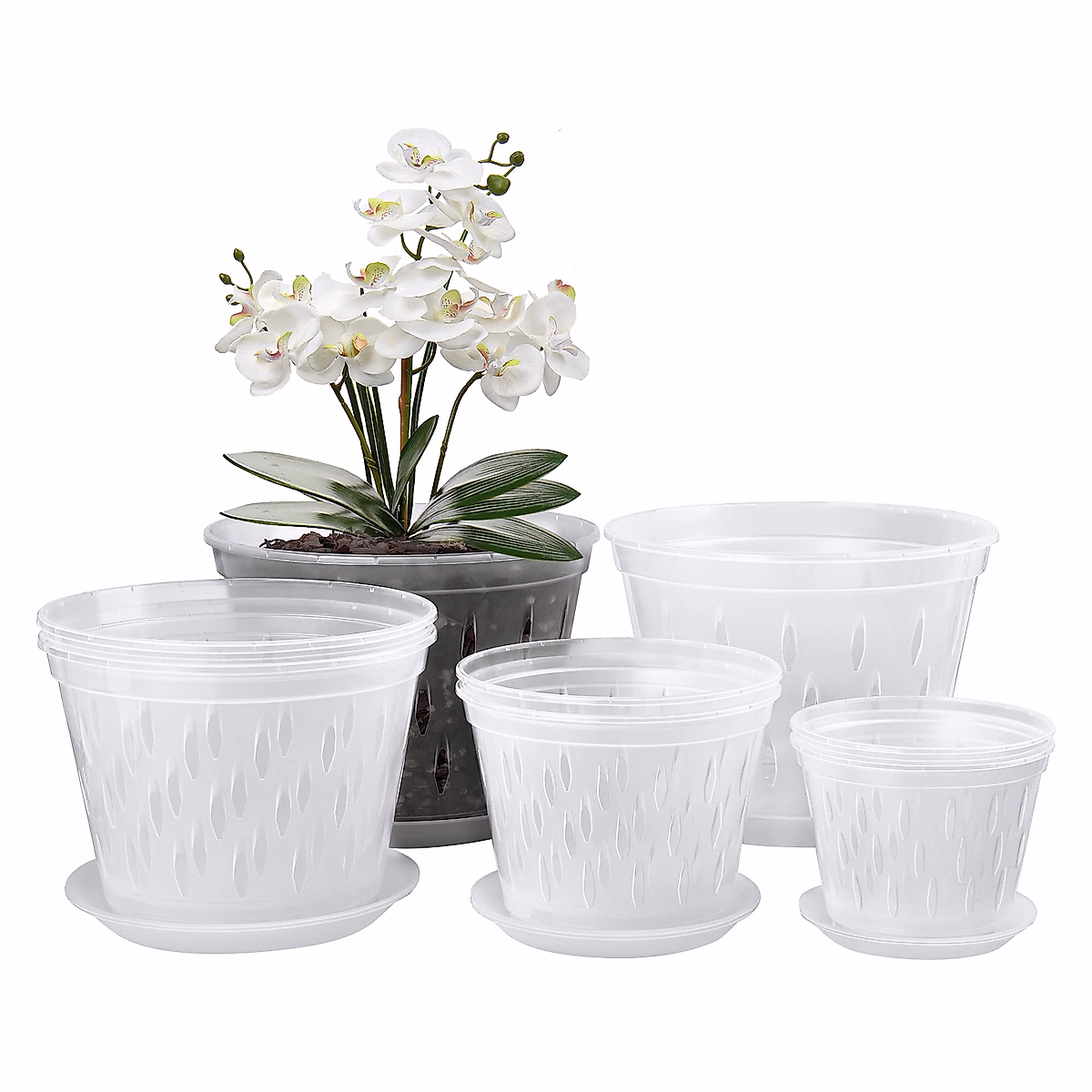 lanccona Orchid Pots- 2 Each of 4, 5, 6 and 7 inch- 8 Pots and Saucers, Orchid Pots with Holes and Clear Plastic Orchid Pots for Repotting