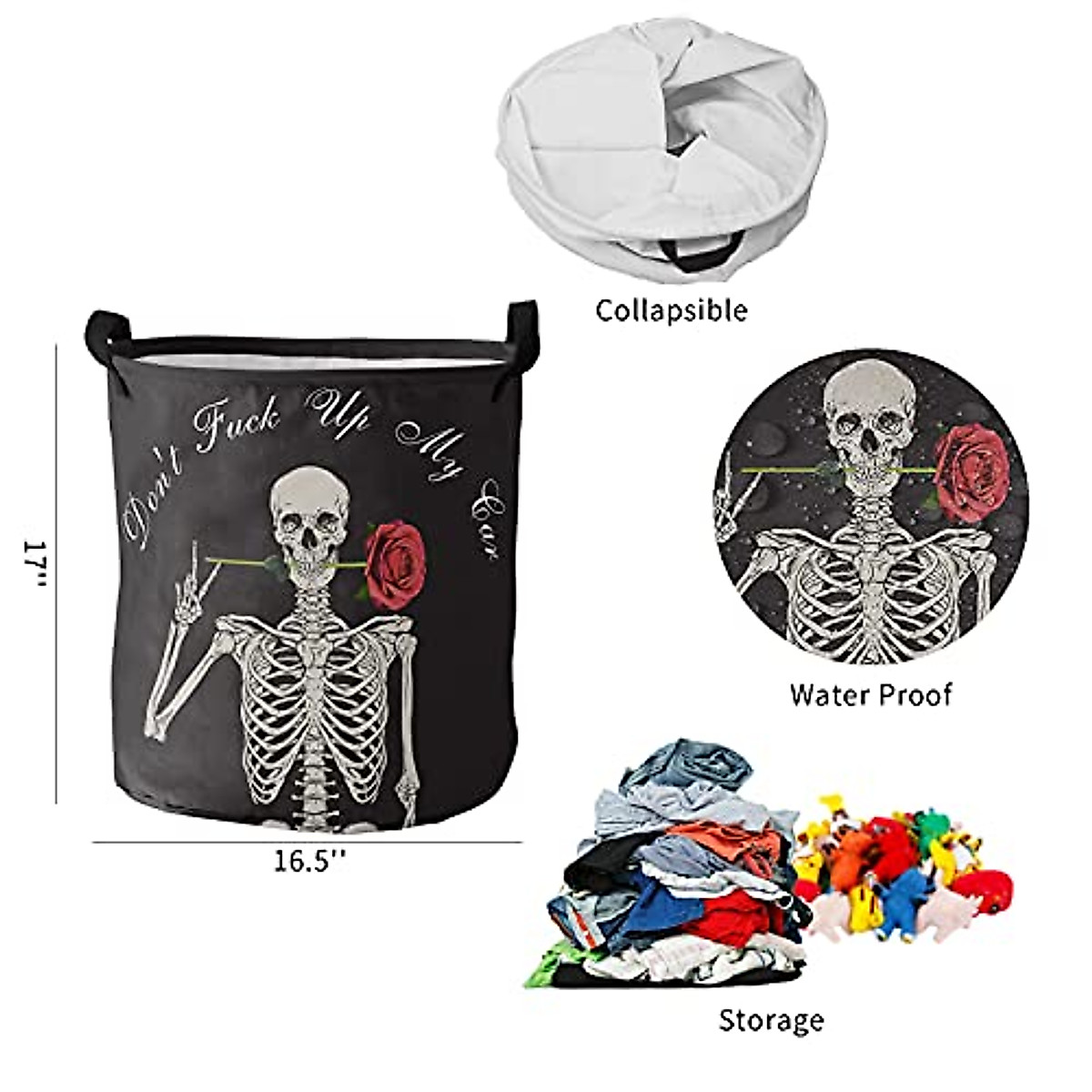 Laundry Hamper Foldable Laundry Basket, Red Roses Skeleton Waterproof Clothes Hamper for Bathroom Bedroom Living Room, Rustic Skull Victory Gesture Toy Baskets for Dollhouse 16.5"x17"