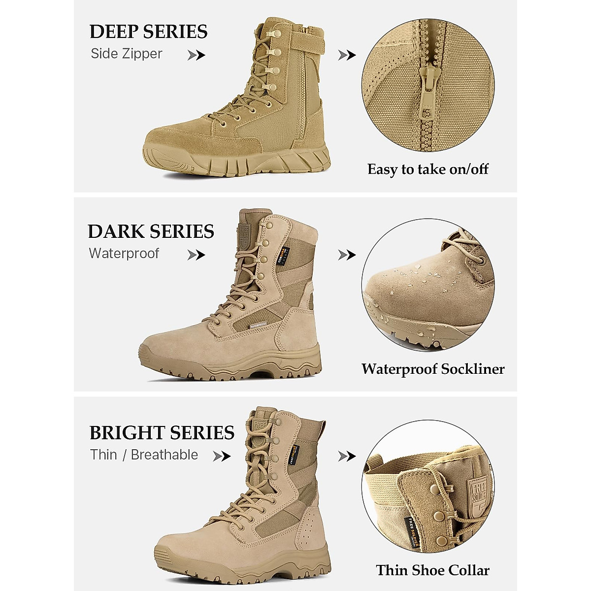 FREE SOLDIER Men's Tactical Boots 8 Inches Lightweight Combat Boot Durable Suede Leather Military Work Boots Desert Boot (Tan, 10.5)