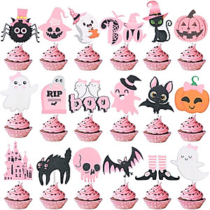 36Pcs Pink Ghost Cupcake Toppers Picks Halloween Cake Decorations for Halloween Party Decorations Halloween Themed Girls Baby Shower Supplies