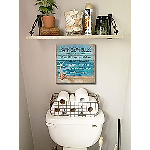 Seashells Bathroom Rules Wall Sign for Bathroom Decor, Funny Bathroom Wall Decor Wall Art For Beach House, Cute Beach Sign Plaque- 12 x 12 Inchs