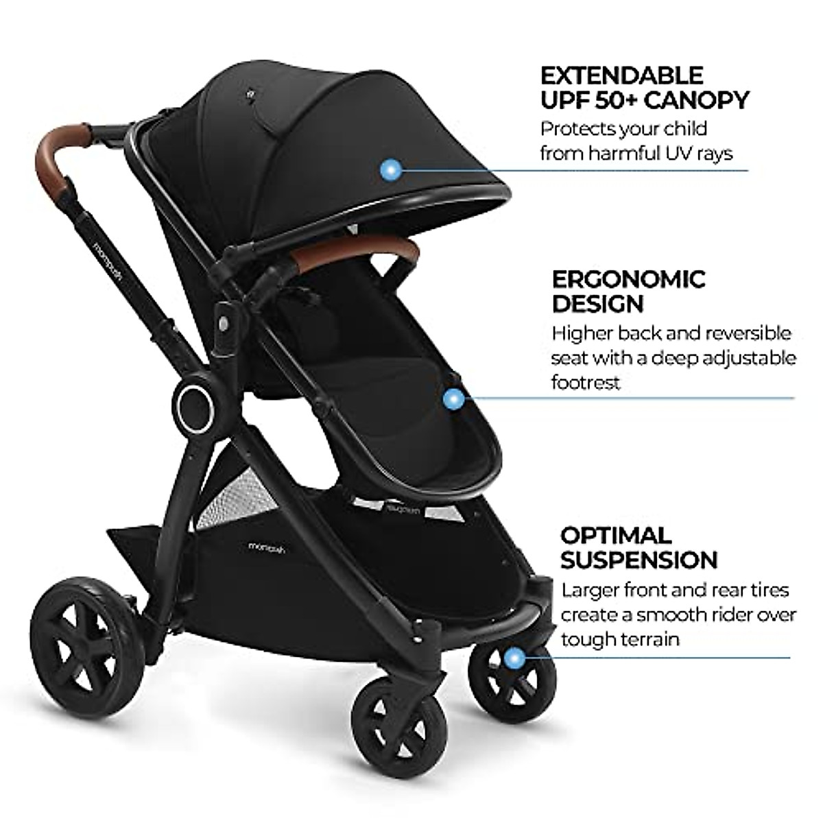 Mompush Ultimate2 Baby Stroller, Premium Convertible Full-Size Bassinet Stroller for Toddler, Newborn Stroller with Reversible Seat, One Hand Recline Pushchair Pram, Car Seat Adapter Included Black