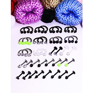 Prjndjw 16g Lip Rings Stainless Steel Horseshoe Labret Monroe Lip Rings Nail Tragus Helix Earrings Studs Ring Medusa Piercing Jewelry 8mm 40 Pcs Glow in the Dark Black