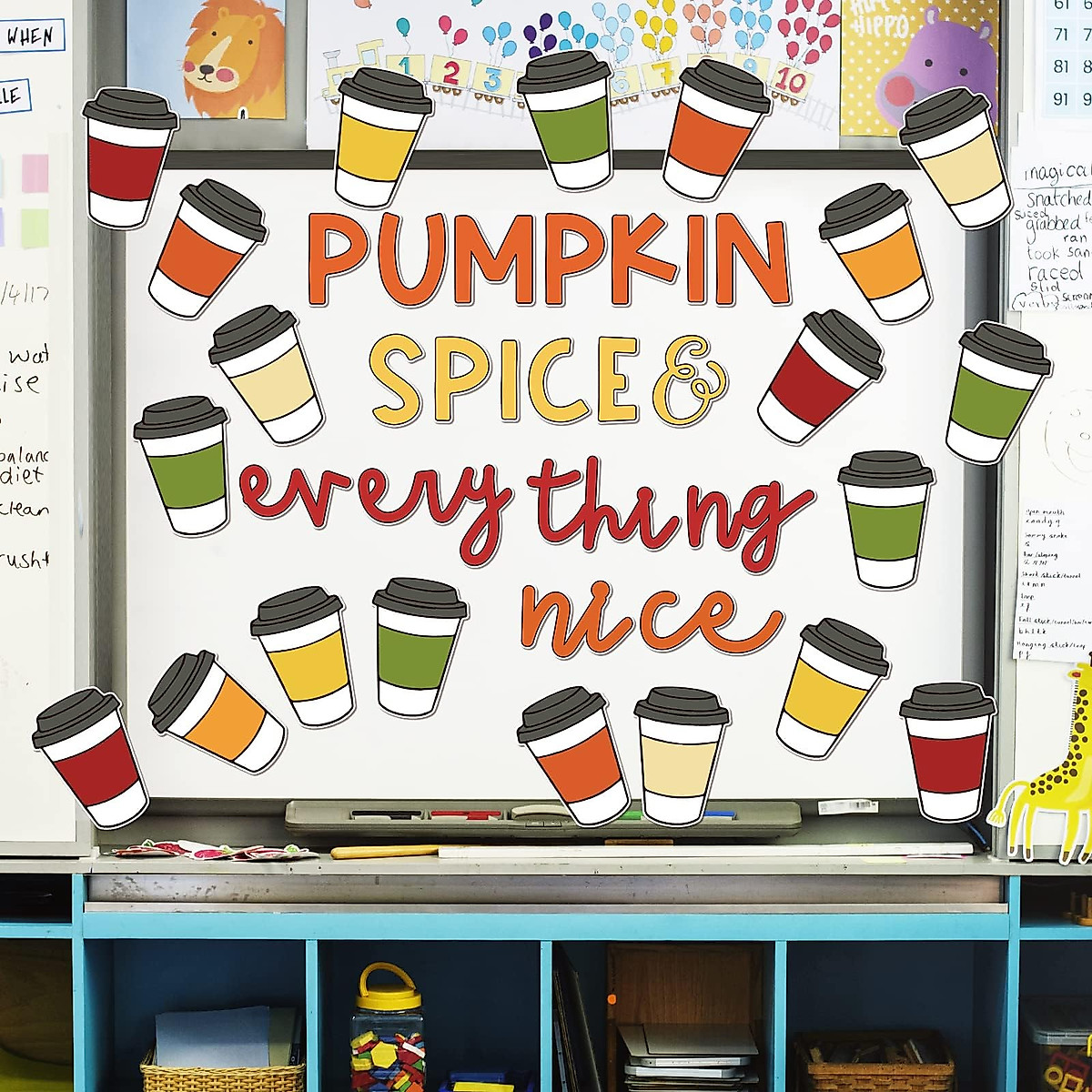 AnyDesign 50Pcs Fall Letter Coffee Cup Cutouts with 100Pcs Glue Points Pumpkin Spice & Everything Nice Cardboard Cut-Outs Muticolor Coffee Cup Paper Cutting for Office Home Autumn Theme Party Decor