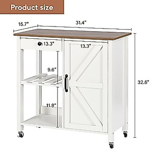 4 EVER WINNER Kitchen Island Cart on Wheel with Storage, 31" Farmhouse Island Table with Storage Drawer & Cabinet, Adjustable Shelf, Wine Rack,Rolling Small White Kitchen Coffee Cart for Dining Room