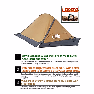 camppal 1 Person Tent Backpacking Camping Hiking Mountain Hunting Tent Lightweight and Waterproof for 4 Season Extreme Space Saving Single Bracket (Khaki-with skirt)