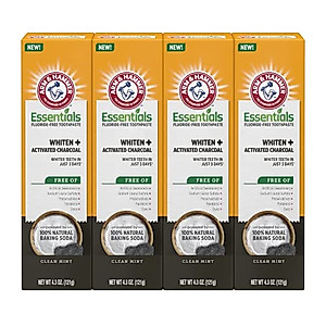 ARM & HAMMER Essentials Fluoride-Free Toothpaste Whiten + Activated Charcoal-4 Pack of 4.3oz Tubes, Clean Mint- 100% Natural Baking Soda
