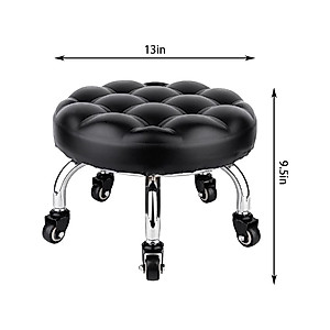 OBMMIRAO Pedicure Stool Low Roller Seat Wheel Stool,Swivel Stool Round Stool with Wheels, Black Low Chair with Wheels,PU Leather (Black StyleB)