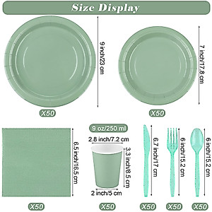 durony 350 Pcs Sage Green Party Tableware Set for 50 Guests Include 7, 9 Inch Paper Dessert Plates Napkins Cups Forks Cutlery Disposable for Bridal Shower Wedding Birthday Party Decorations Supplies