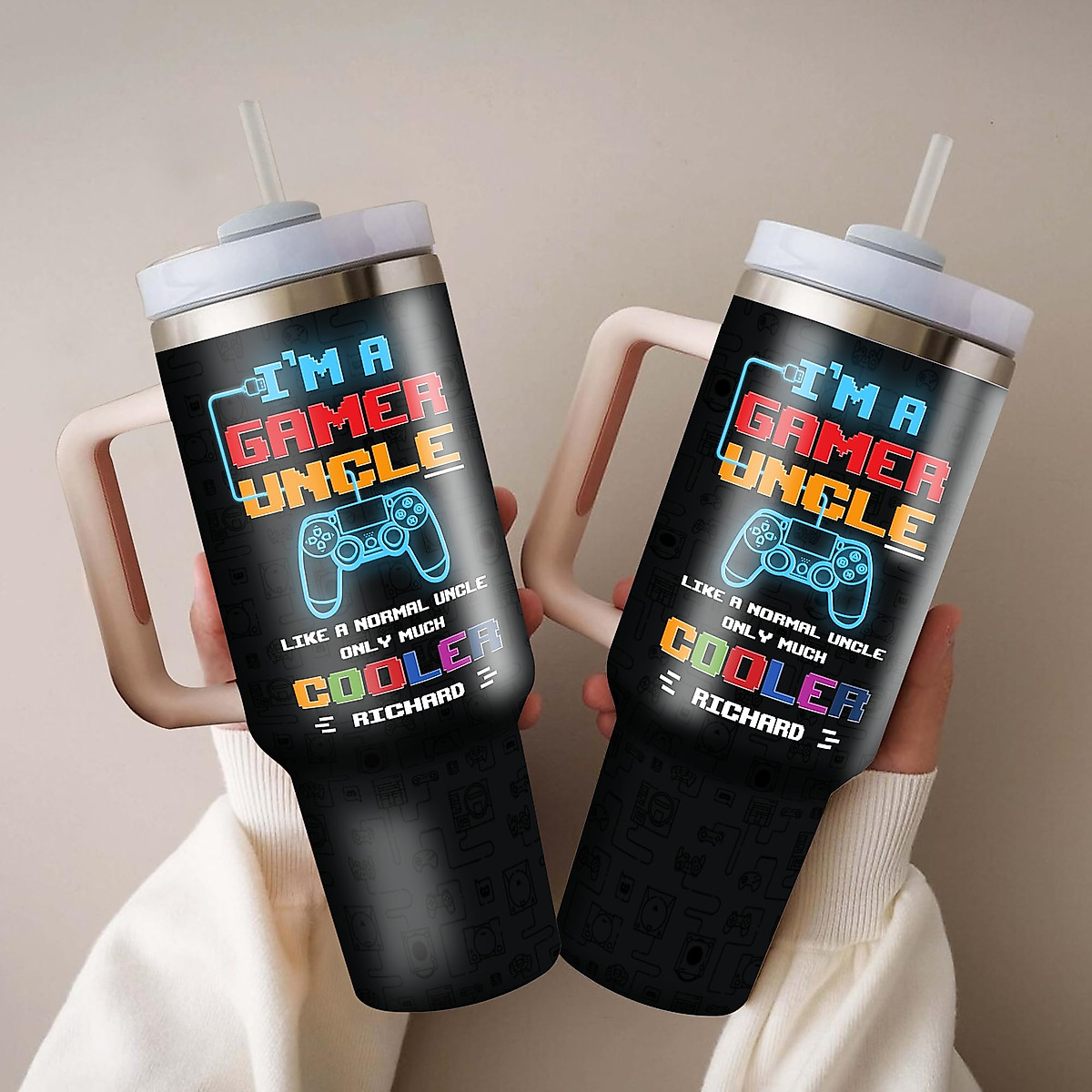 WAZONE Personalized Gamer Uncle Coffee Tumbler Tumbler 40oz with Handle and Straw Stainless Steel Custom Your Name Birthday Christmas Thanksgiving Gifts For Uncles Men From Sons Daughters