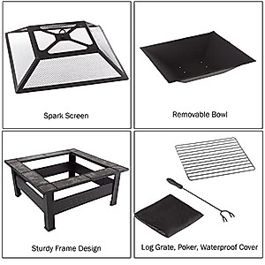 Pure Garden 50-155 Wood Burning Fire Pit Set Includes Screen, Cover and Log Poker-for Outdoor and Patio, 32-inch Marble Tile Square Firepit, Bronze