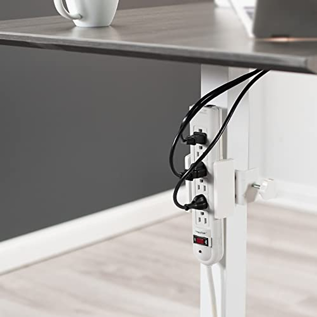 VIVO Clamp-on Power Strip Mount for Desk Leg, Under Desk Office Cable Management Organizer, Spring-Assisted Cord Holder, White, DESK-PS01LC
