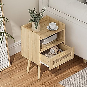 Masupu Night Stand,Bedside Table with PE Rattan Decor Drawer,End Table with Solid Wood Legs, Rattan Furniture,Side Table with Drawer Open Shelf,Rattan Nightstand for Bedroom,Living Room