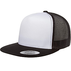 Yupoong 6006 Flatbill Trucker Mesh Snapback Hat with NoSweat Hat Liner (White Front/Black, 1)