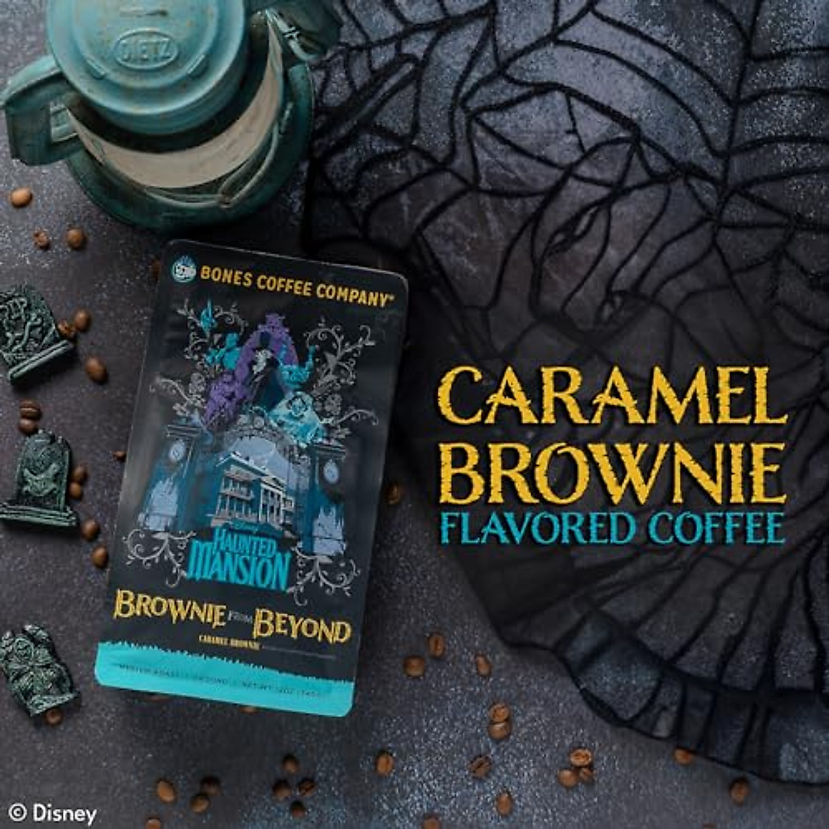 Bones Coffee Company Brownie from Beyond Ground Coffee Beans, Caramel Brownie Flavor, Low Acid Coffee, Made with Arabica Coffee Beans, Medium Roast Coffee Inspired by Disney's Haunted Mansion (12 oz)